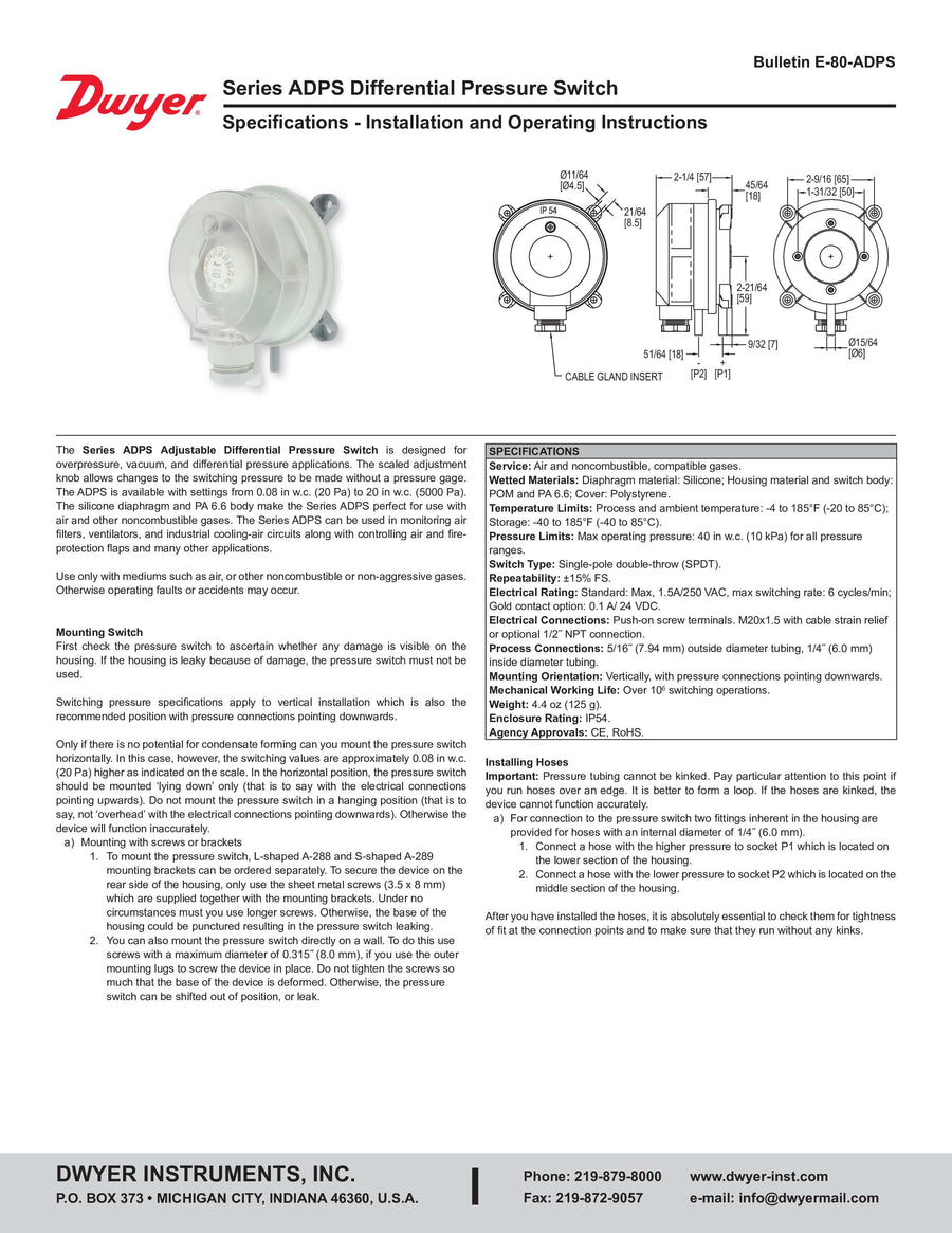 Dwyer Series ADPS Differential Pressure Switch ADPS-03-2-N *PROMO IN S ...